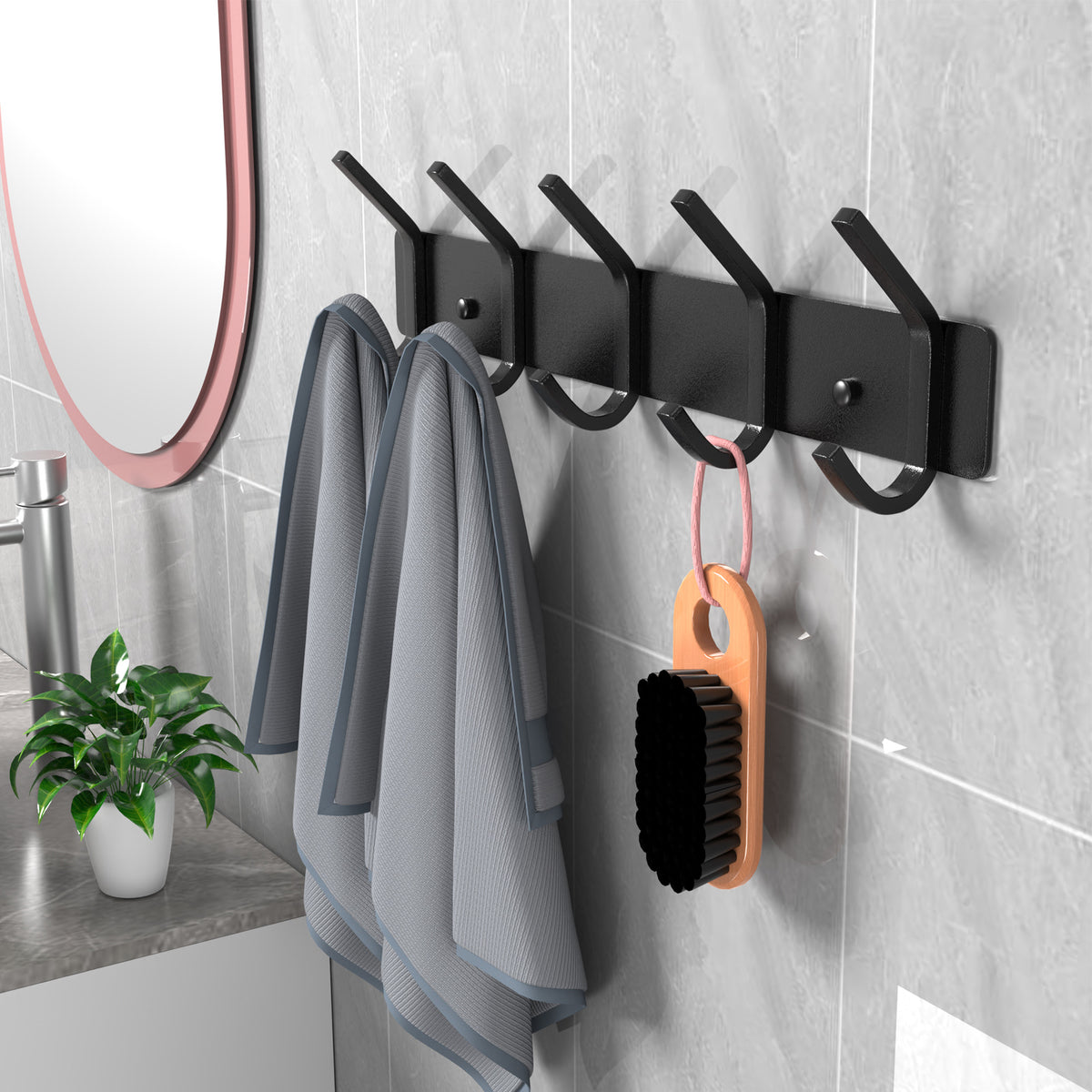 Pract Pack - 5 Hooks Heavy Duty Aluminum Alloy Wall Mount Coat Hook Ra ...