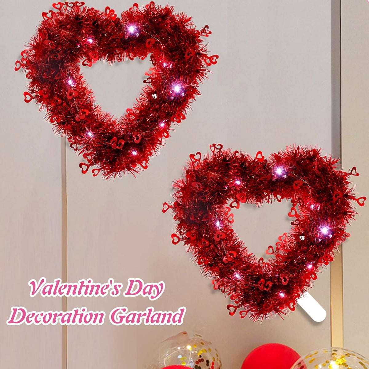 Volamor - 2Pcs Tinsel Heart Shaped Hanging Wreaths with String Lights ...