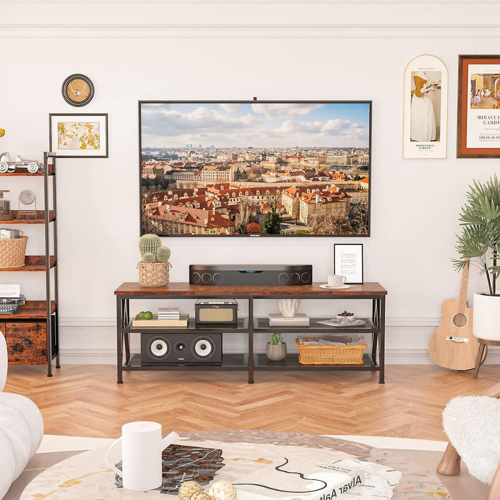 Pract Pack - Up to 165cm TV Console Table with Metal Frame - Rustic Br ...