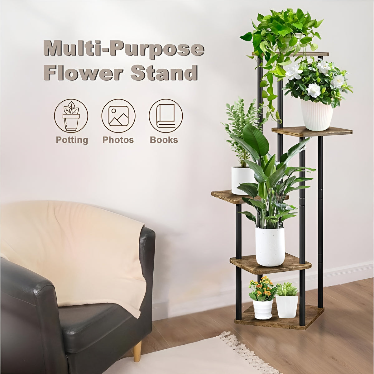Herqona - 5 Tier Corner Plant Stand with Metal Frame & MDF Shelves - B ...