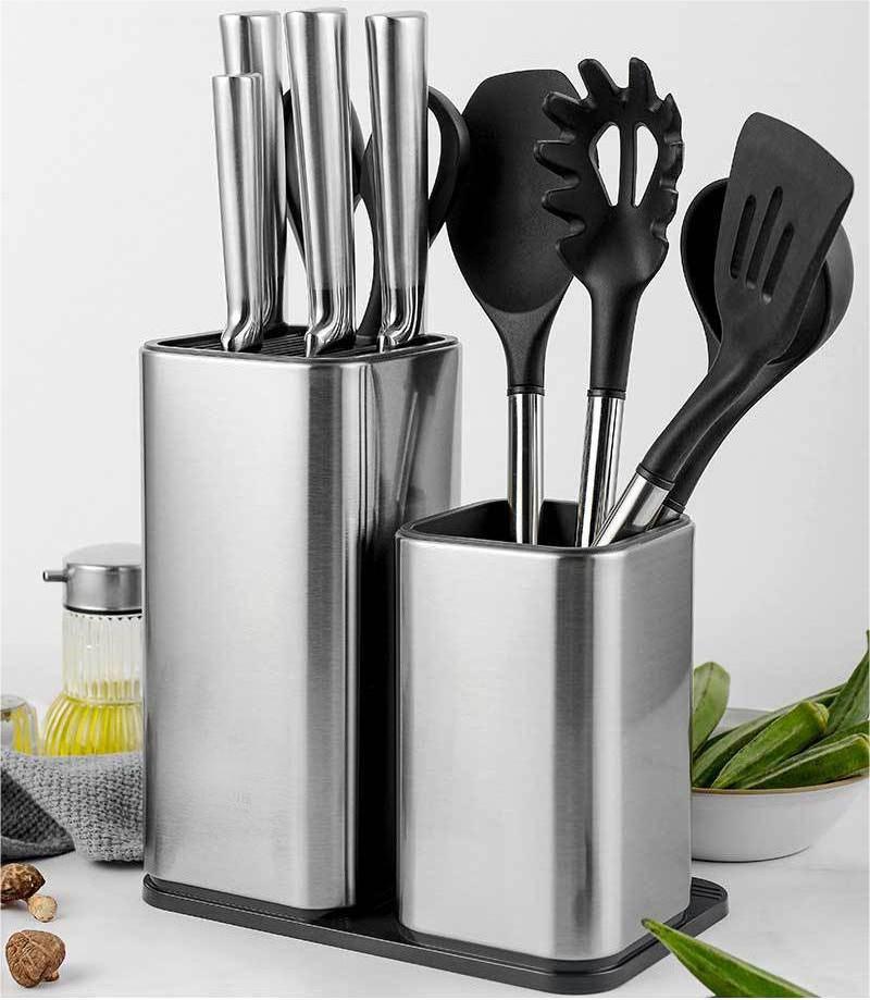 Pruchef - 3 in 1 Kitchen Knife Block & Utensil Storage Holder - Silver ...