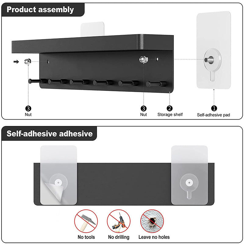 Pract Pack - Wall Mounted Self-Adhesive Key Rack & Storage Tray - Blac ...